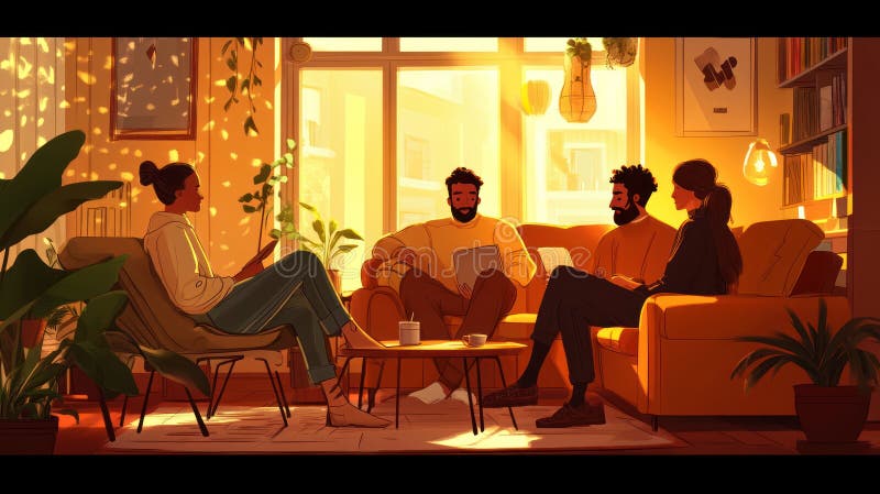 Four Friends Gather in a Sunlit Living Room, Engaging in Conversation ...