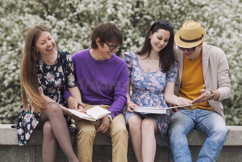 Four Friends in the Park with Books Stock Image - Image of girl, study ...