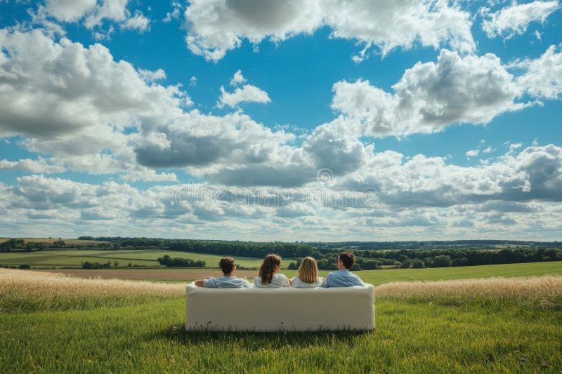 Group of People Relaxing on a White Couch in a Vibrant Field. they are ...