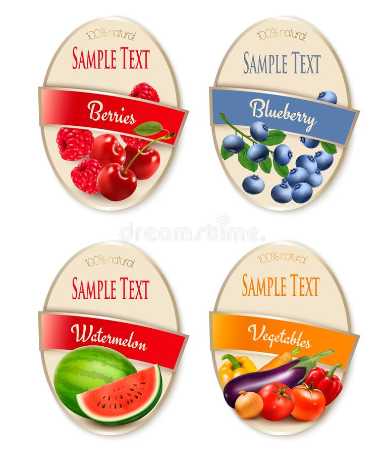 Four Fruit, Vegetables and Berries Labels. Stock Vector - Illustration ...