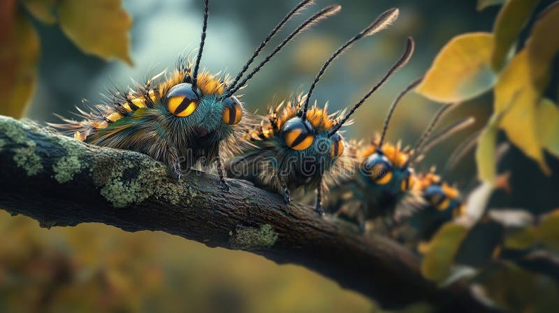 Four Furry Fantasy Creatures on a Branch Stock Illustration ...