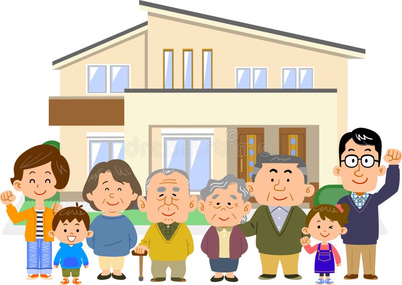 A Four-generation Family Standing in Front of a Large House Stock ...