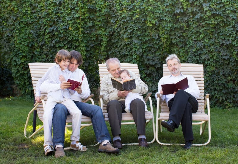 Four Generations of Men Reading in the Garden Stock Image - Image of ...