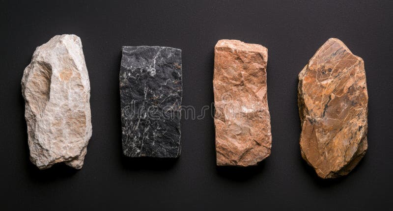 Four Geological Rock Specimens on a Dark Surface. Stock Illustration ...