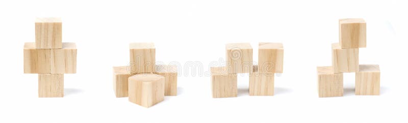 Four Geometric Wooden Cube Blocks Stacked in Different Ways. Stock ...