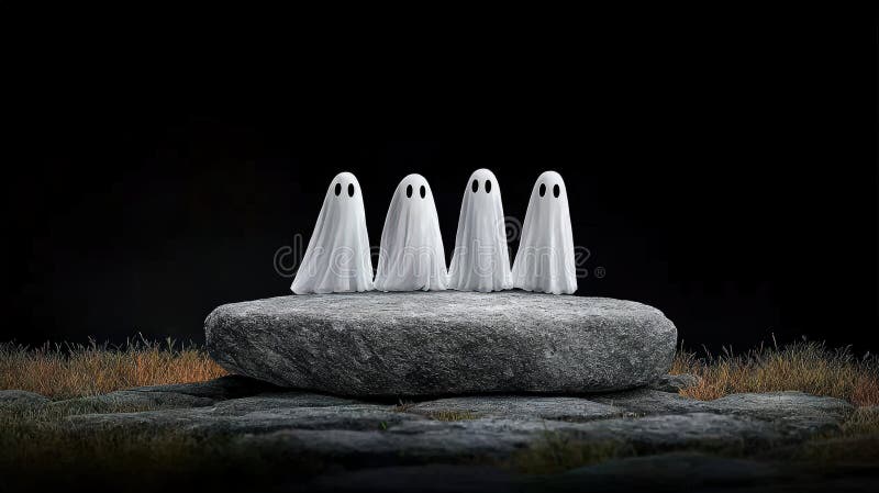 Four Ghost Figures Standing on a Stone in a Dark Environment Stock ...