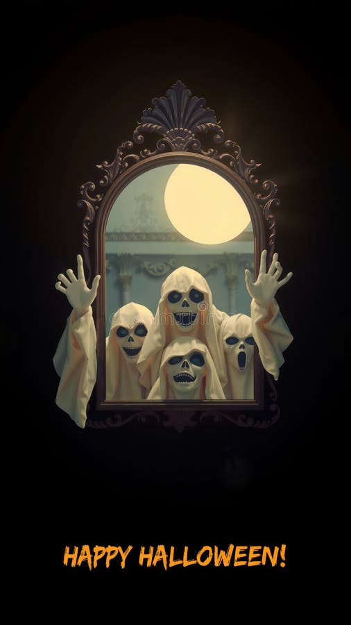 Four Ghosts in Mirror with Text Happy Halloween! AI Generation Stock ...