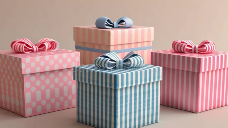Four Gift Boxes with Different Patterned Wrapping Paper and Ribbon Bows ...