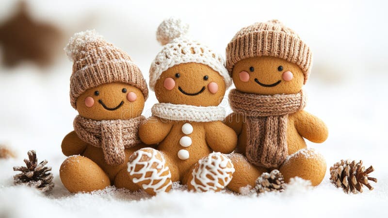 Four Gingerbread Men Wearing Winter Clothes Smiling on White Background ...