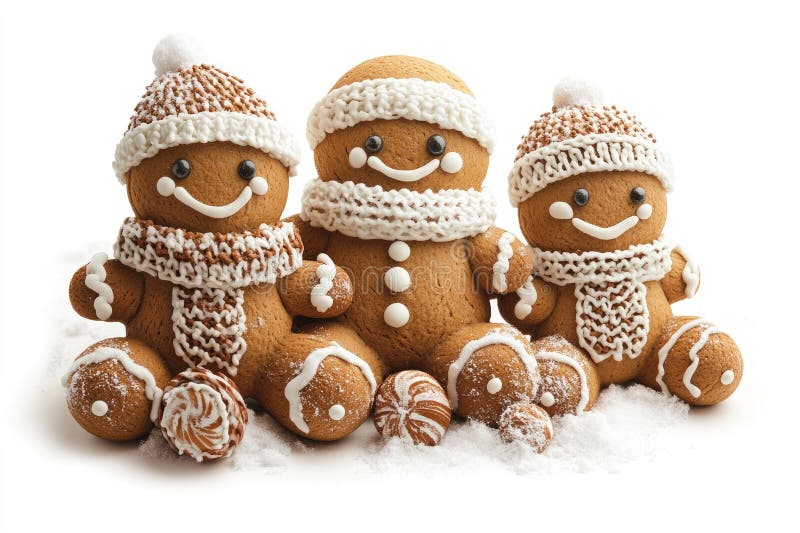 Four Gingerbread Men Wearing Winter Clothes Smiling on White Background ...