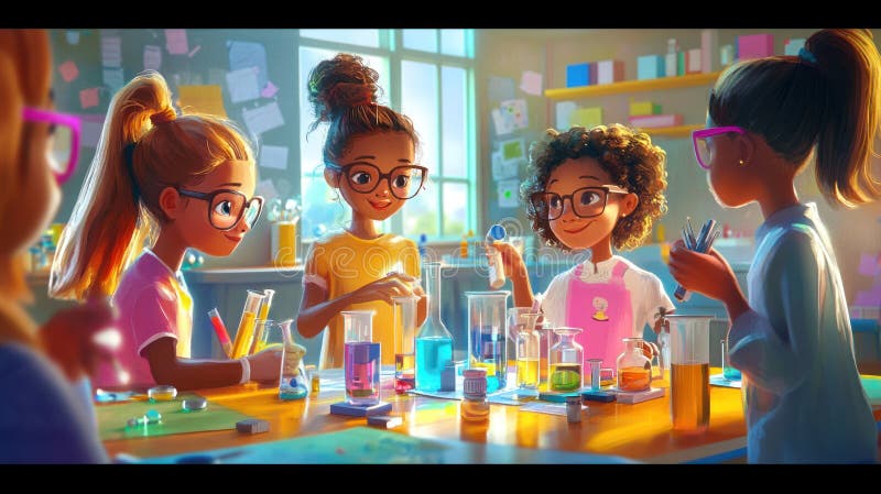 Four Girls Conduct a Science Experiment in a Bright Classroom Stock ...