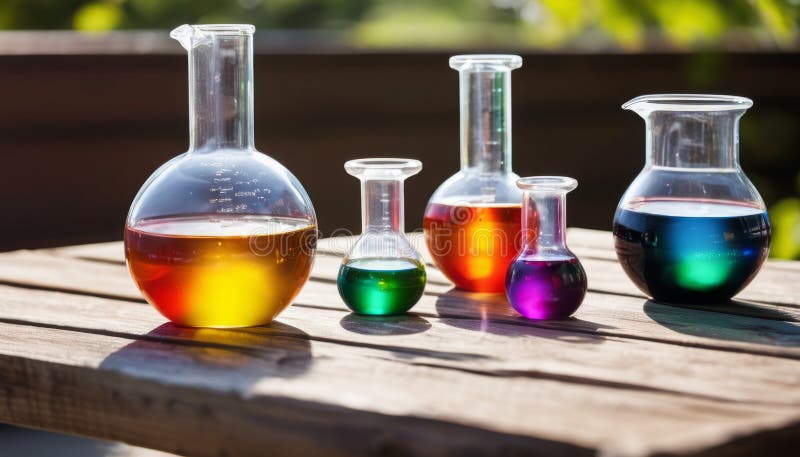 Four Glass Beakers on a Wooden Table Stock Illustration - Illustration ...