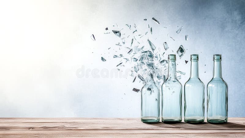 Glass Bottles Exploding on Wooden Table with Light Blue Background ...