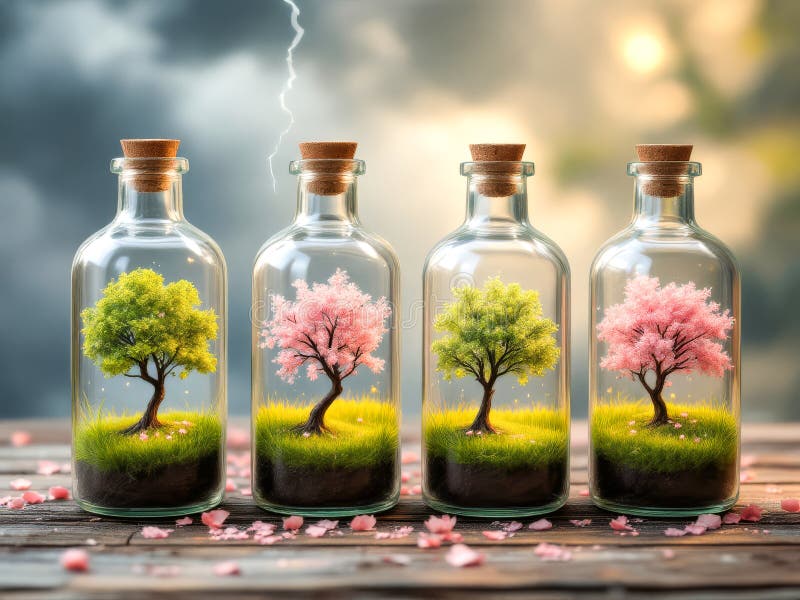 Four Glass Bottles with Trees Inside Stock Image - Image of health ...