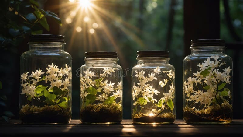 Enchanted White Flowers in Glass Jars, Sunlight Backlit Stock ...