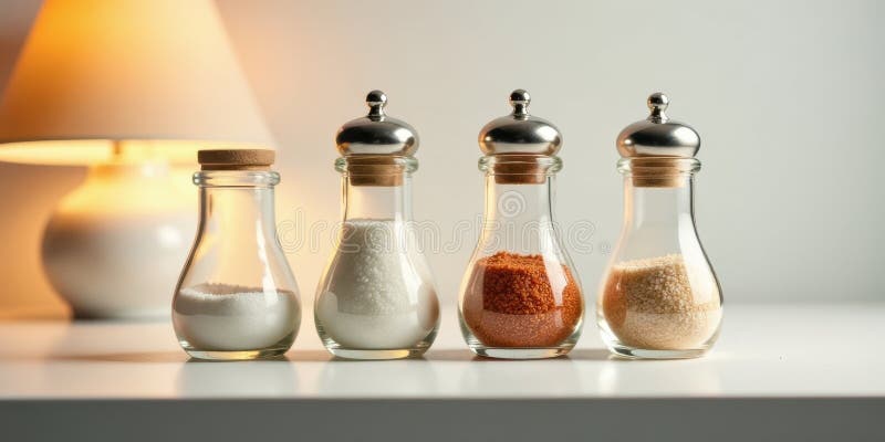 Four Glass Jars Filled with Various Granular Substances on a Tabletop ...