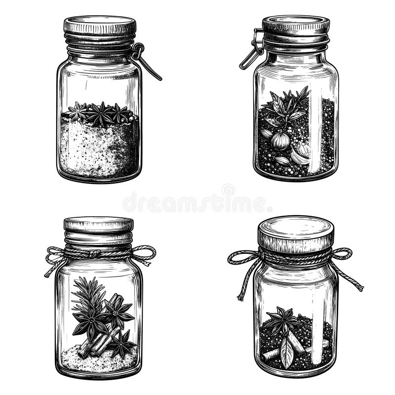 Four Glass Jars with Herbs and Spices Illustration Stock Image ...