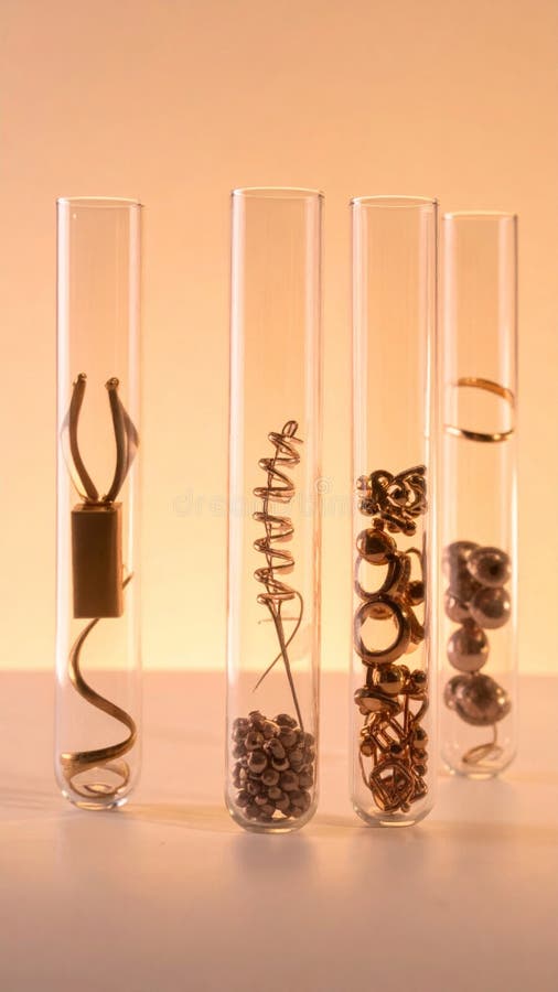 Four Glass Test Tubes Holding Various Metal Elements in a Laboratory ...