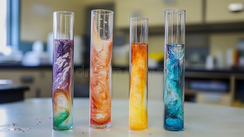 Four Glass Test Tubes with Vibrant Multicolored Liquid Reactions ...
