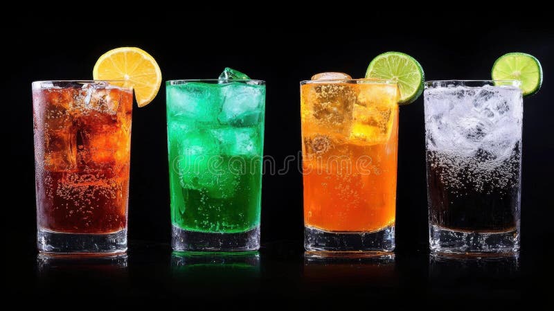 Four Glasses of Different Colored Sodas with Ice and Lime Garnishes ...