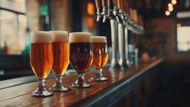 Four Glasses of Draft Beer in a Row on a Wooden Bar Counter, with a ...