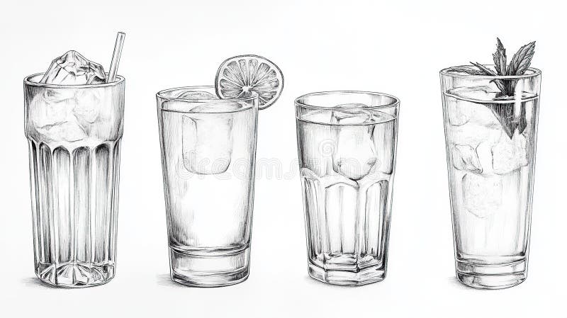 Four Glasses of Iced Drinks, Hand-drawn in Pencil Sketch Style Stock ...