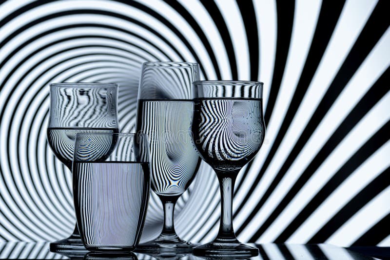 Four Glasses with Water, Abstract Style, Black and White Optical ...