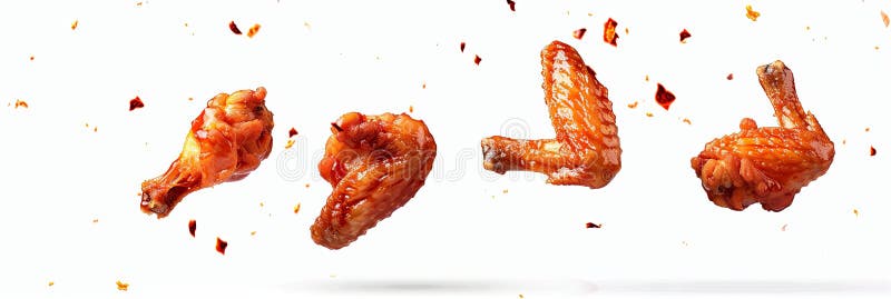 Four Glazed Chicken Wings Falling through the Air on a White Background ...