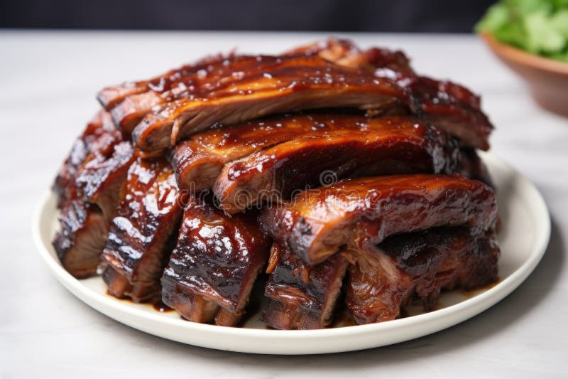 Four Glazed Pork Ribs Arranged in a Half-circle on a Round Plate Stock ...