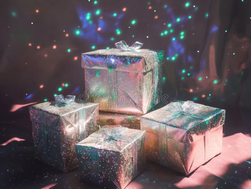 Four Glittery Gift Boxes with Bokeh Lights in the Background Stock ...