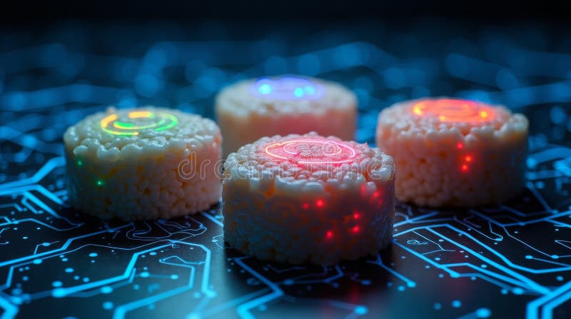 Four Glowing Circuit-themed Objects on a Digital Surface, Merging ...