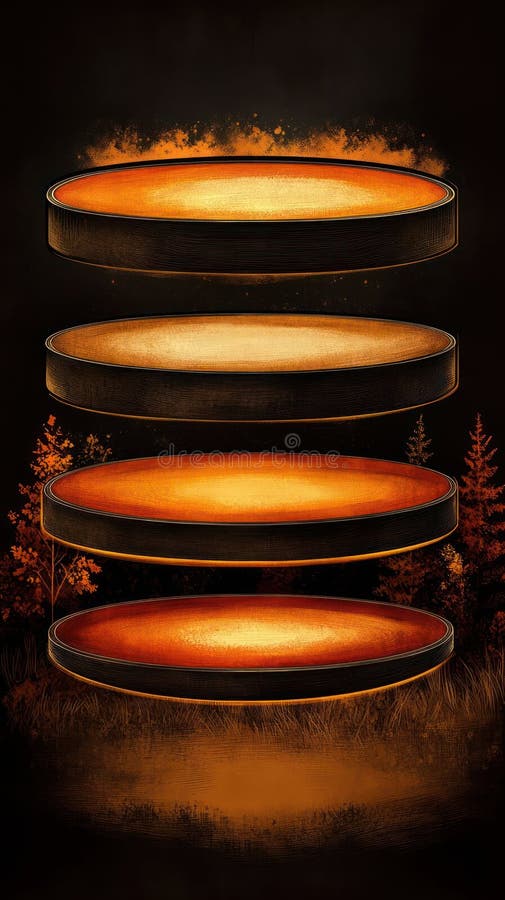 Four Glowing Circular Platforms Against a Dark Background with Trees ...