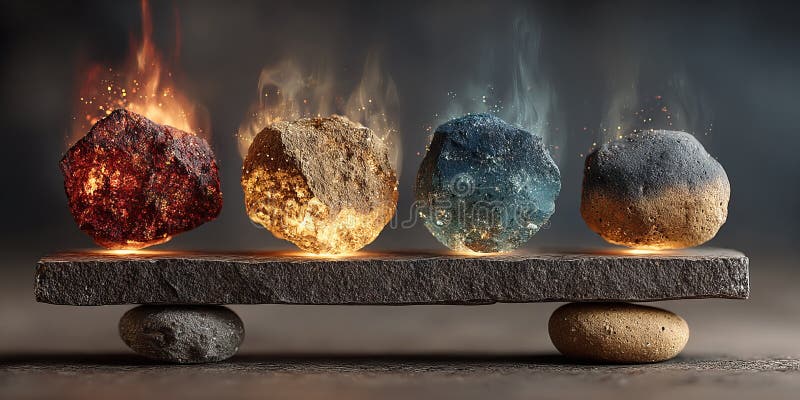 Four Glowing Elemental Stones Representing Fire, Earth, Water, and Air ...