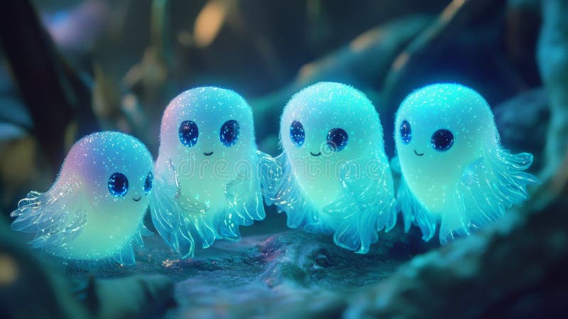 Four Glowing Ethereal Ghosts with Cute Faces in a Dark Forest Setting ...
