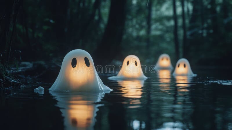 Four Glowing Ghost Figures Illuminated on Calm Water Surface Stock ...