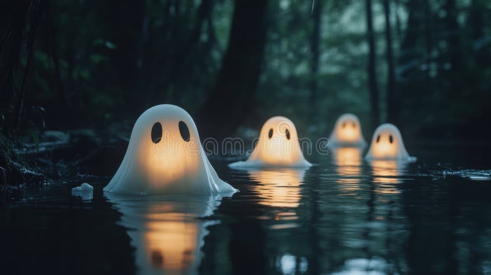 Four Glowing Ghost Figures Illuminated on Calm Water Surface Stock Illustration - Illustration ...