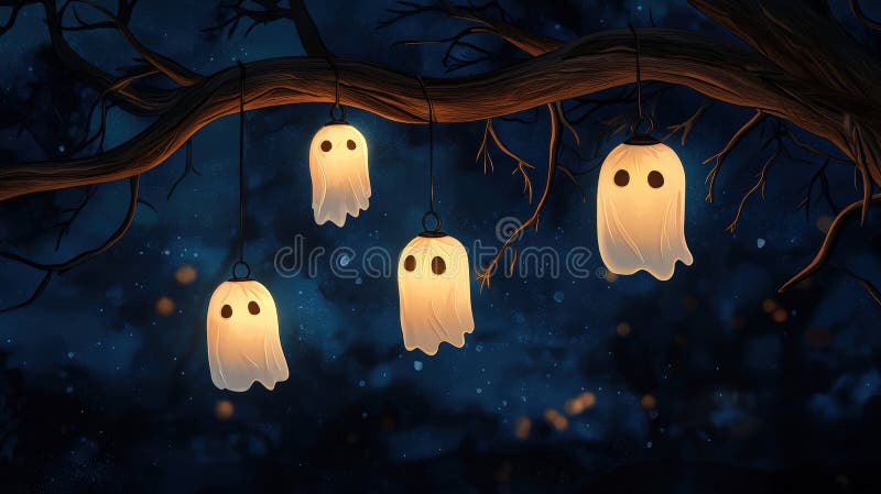 Four Glowing Ghost Lanterns Hanging from a Tree Branch Under a Starry ...