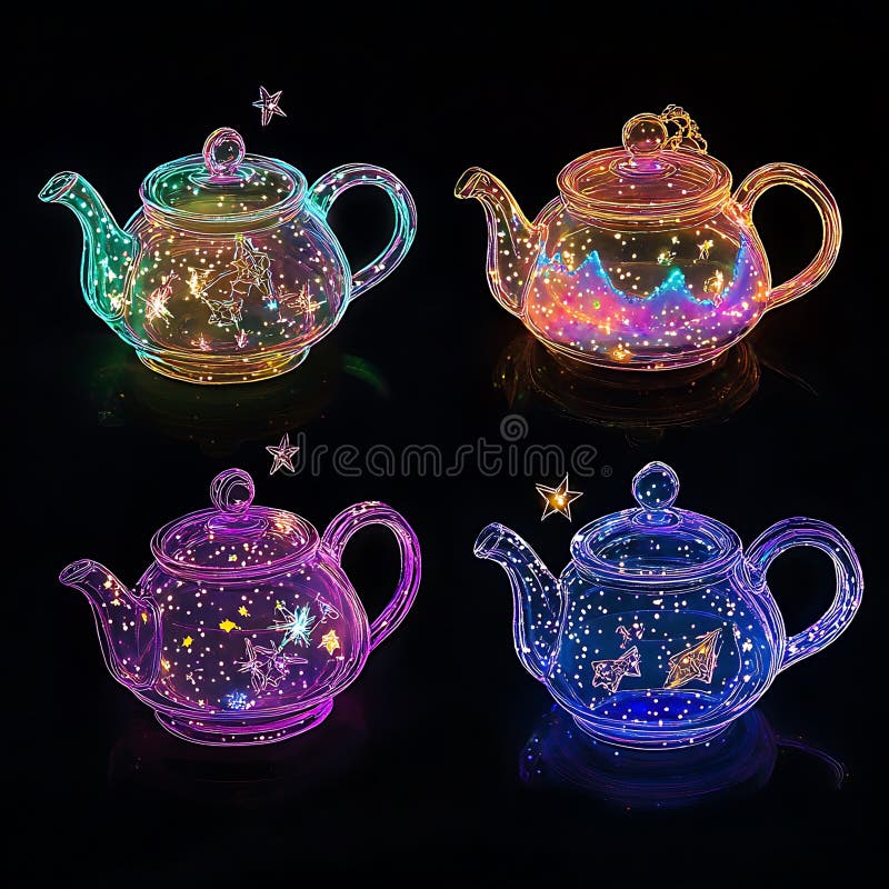 Four Glowing Neon Teapots with Celestial Designs on Black Background ...