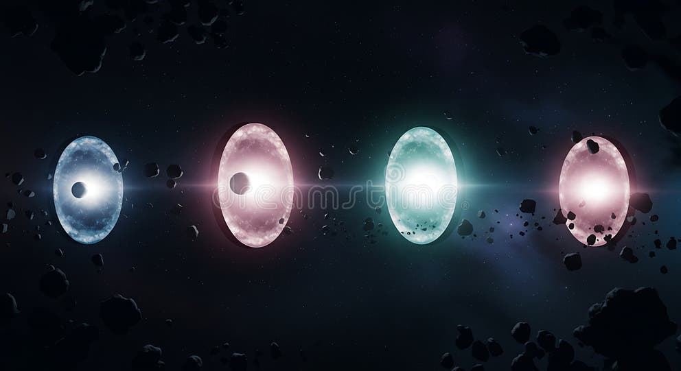 Four Glowing, Ring-shaped Objects Float in Space, Each Emitting a ...
