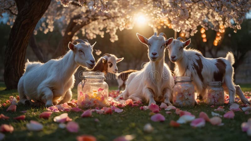 Adorable Baby Goats in a Flower Garden at Sunset Stock Illustration ...