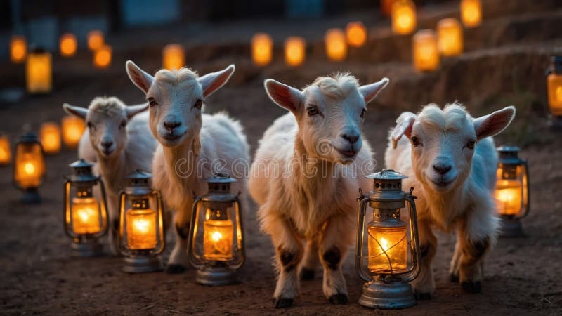 Adorable Baby Goats with Lanterns at Dusk Stock Illustration ...