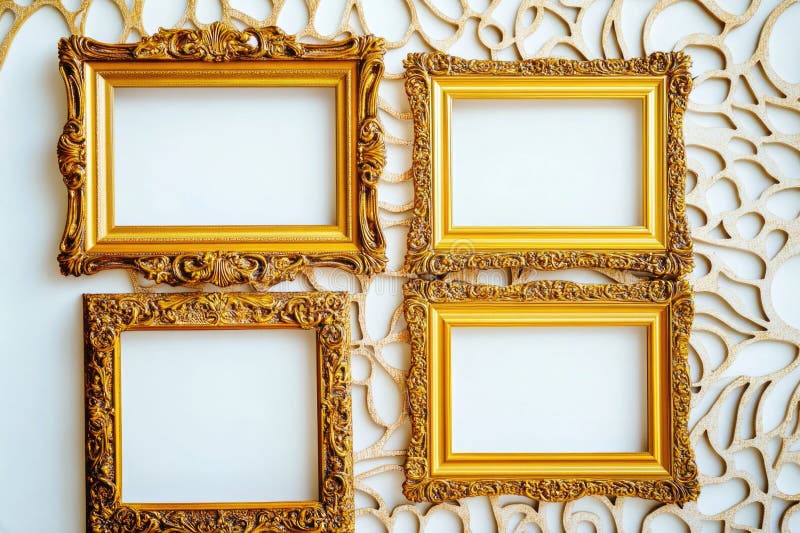 Four Gold Picture Frames Hang on a Wall, Ready for Photos Stock Image ...