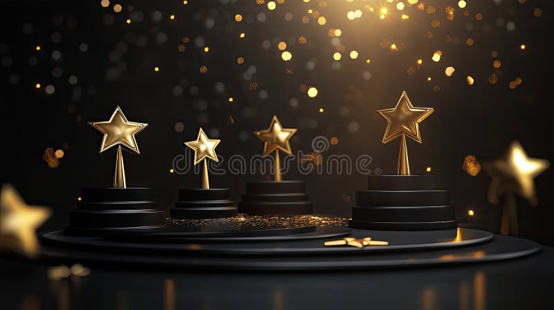 Four Gold Star Awards on Black Podium with Confetti Celebration Stock ...