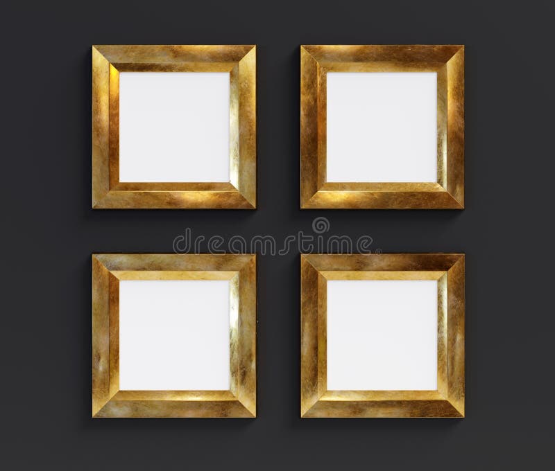 Four Golden Rectangle Frames Isolated on Black Background. 3D Render ...