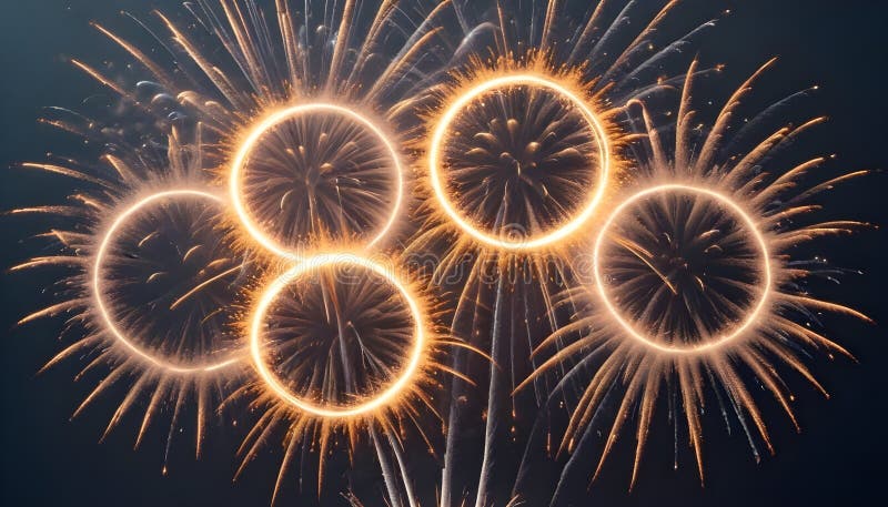 Four Golden Rings Formed by Fireworks Exploding Against a Dark ...