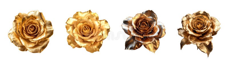 Four Golden Roses, Each with a Unique Texture and Sheen, are Displayed ...