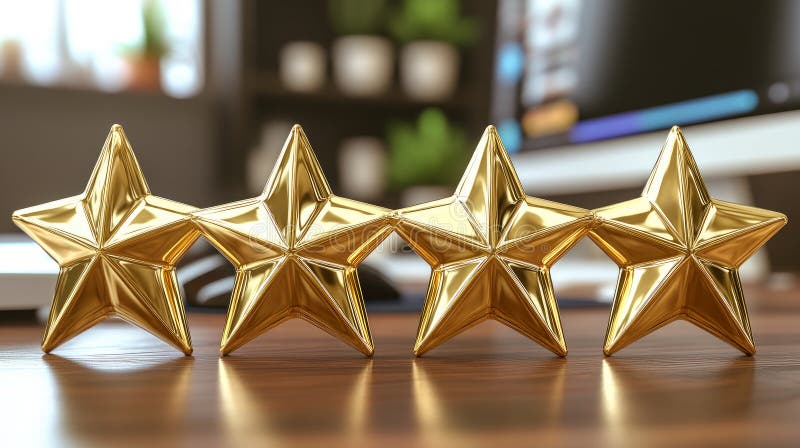 Four Golden Stars on a Desk with Computer. Customer Service Concept ...