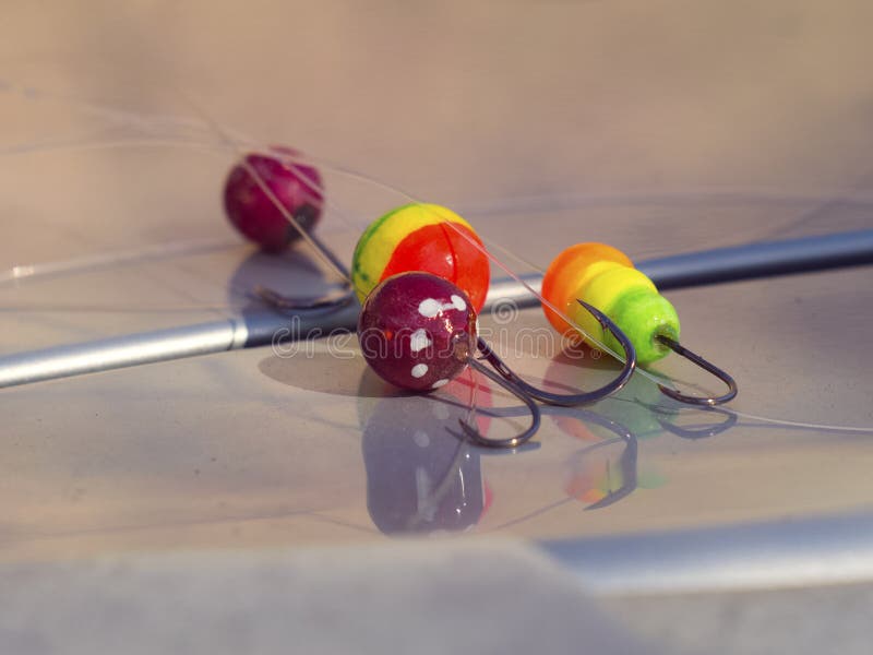 Four Good Colorful Floats with Hooks for Fishing Stock Image - Image of ...
