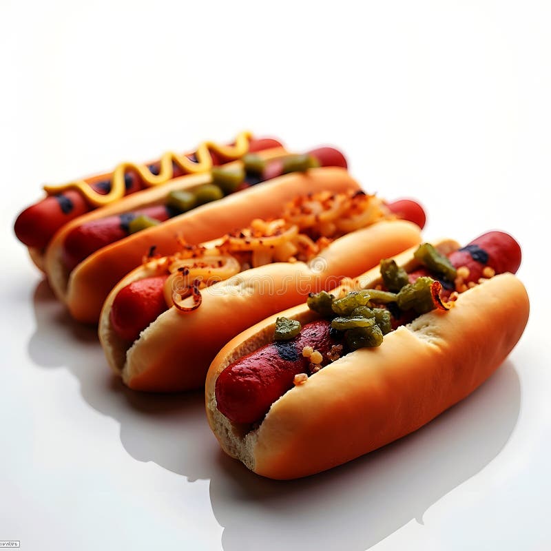 Four Gourmet Hot Dogs with Various Toppings Stock Illustration ...