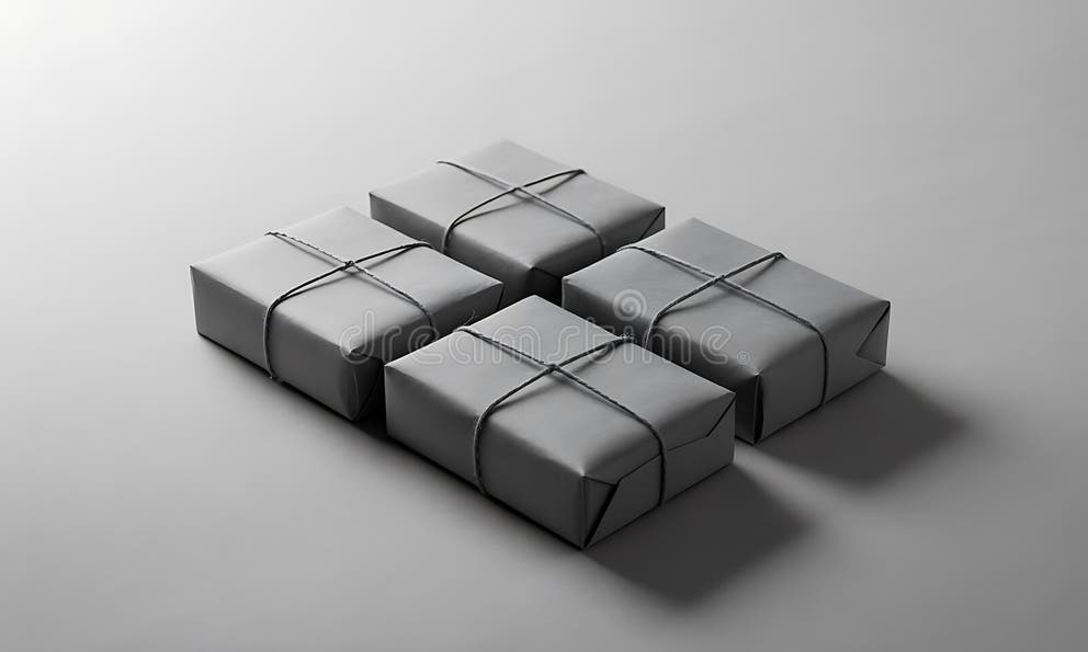 Four Gray Wrapped Gifts Tied with String on a Gray Surface Stock ...
